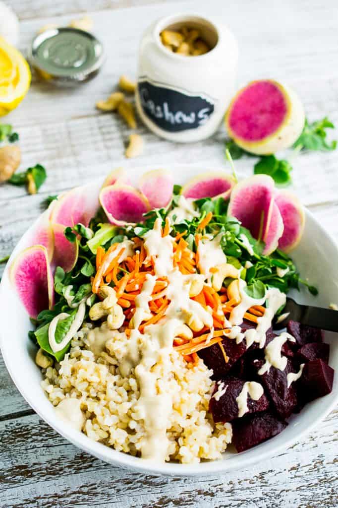 Spring Veggie Bowl with Brown Rice and Tahini Dressing