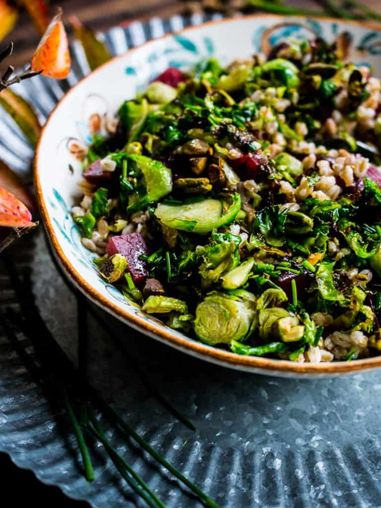 Farro Salad with Beets and Roasted Brussels Sprouts - Spoonful of Plants
