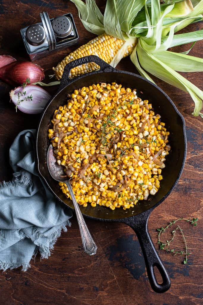 Sautéed Corn with Caramelized Shallots and Thyme - Spoonful of Plants