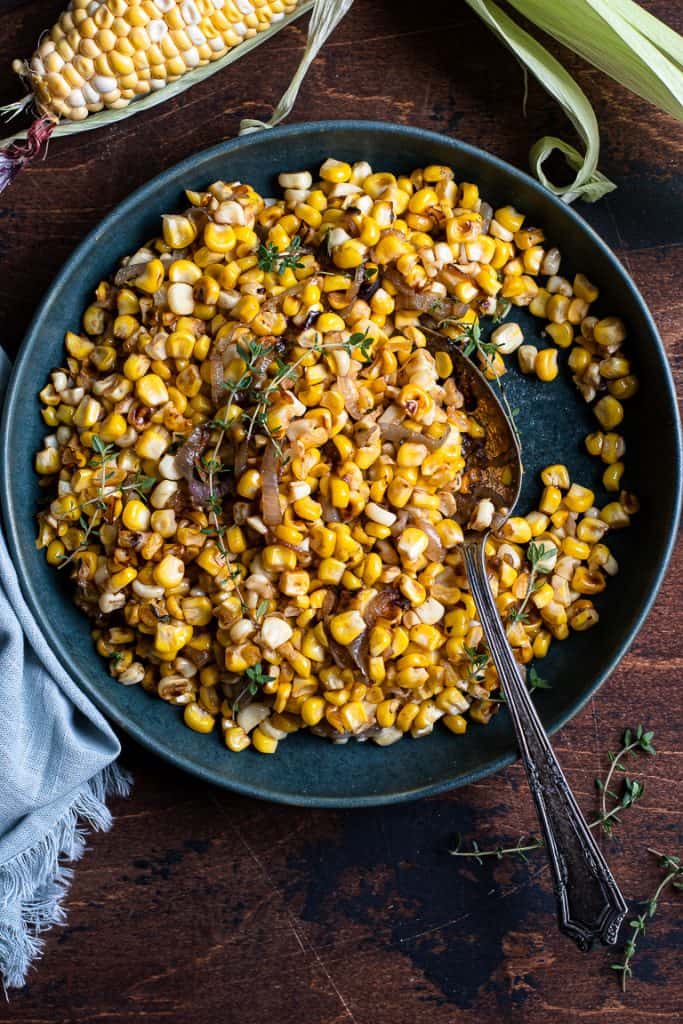 Sautéed Corn with Caramelized Shallots and Thyme - Spoonful of Plants
