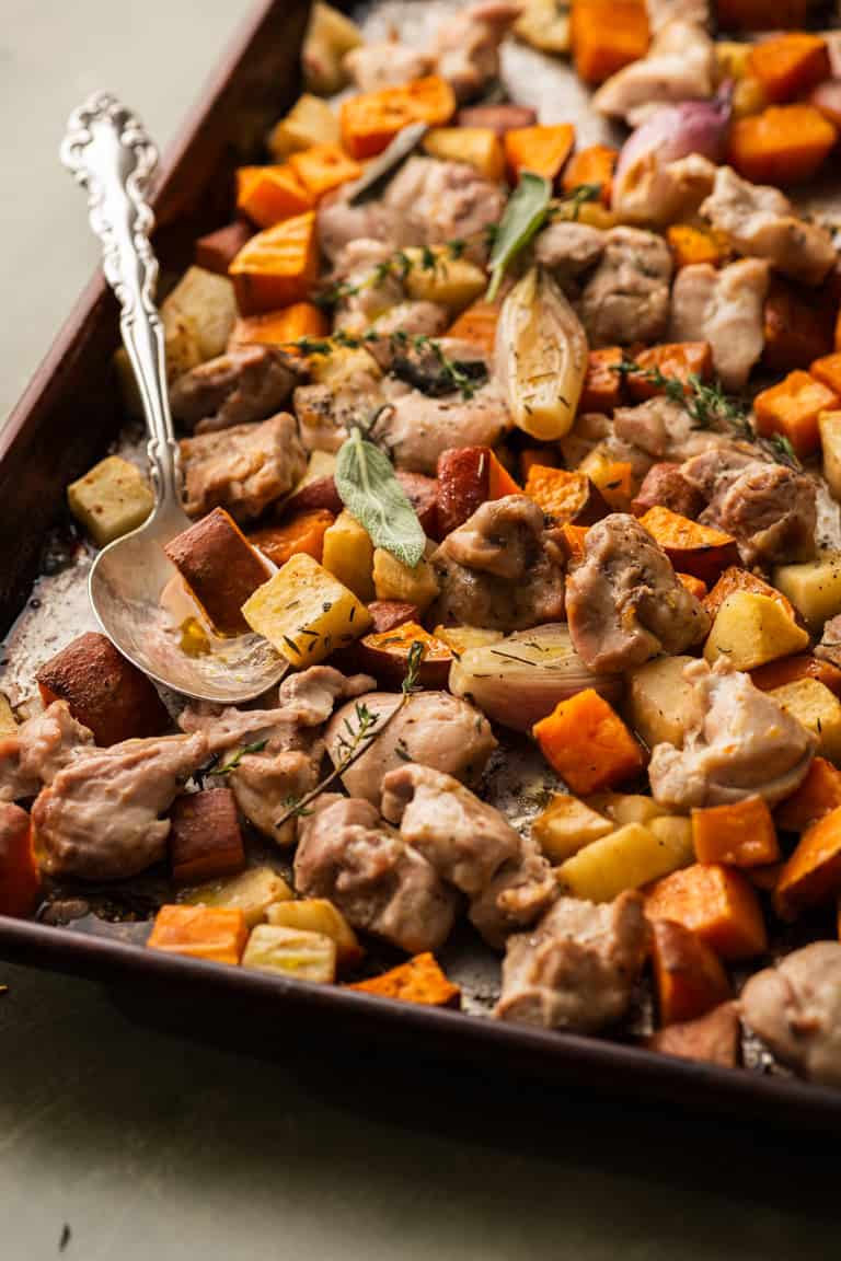 Sheet Pan Sweet Potato, Apple and Chicken Dinner - Spoonful of Plants